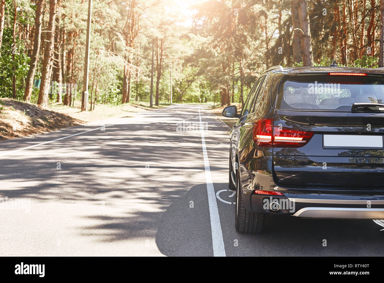 Beautiful black car with a forest background. Summer trip. Stylish ...