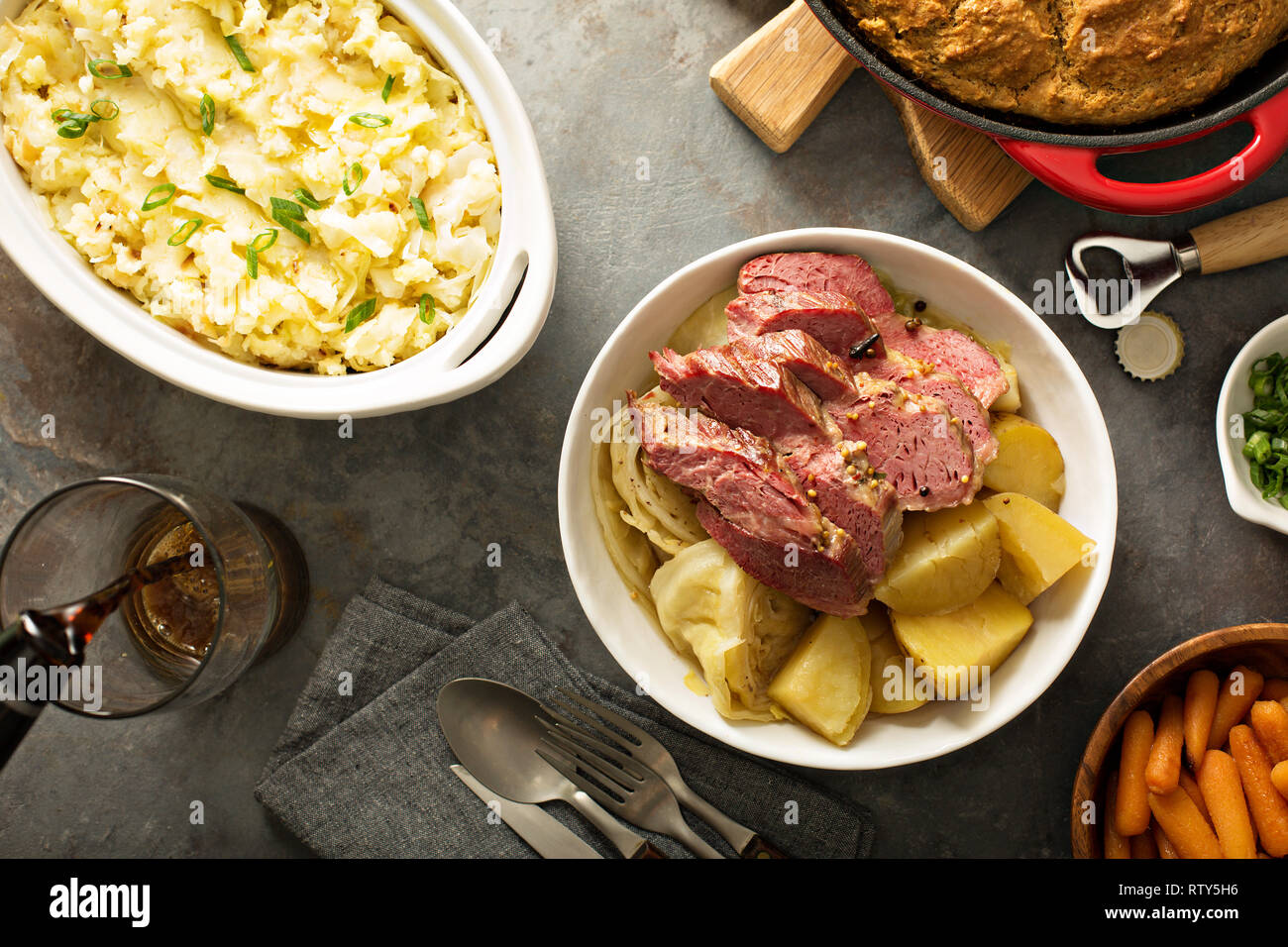 Irish dinner with corned beef and potatoes, colcannon and soda bread ...