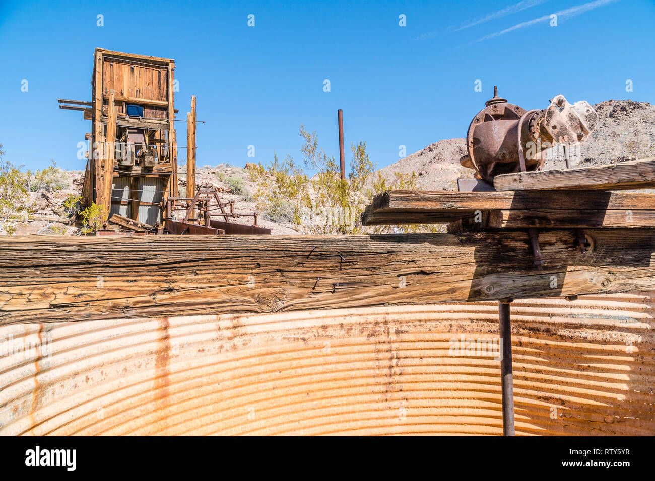 Rusted metal mining equipment at the Inyo Mine. The Inyo Mine ruins ...