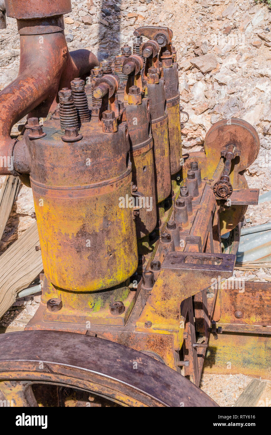 Rusted metal mining equipment at the Inyo Mine. The Inyo Mine ruins ...
