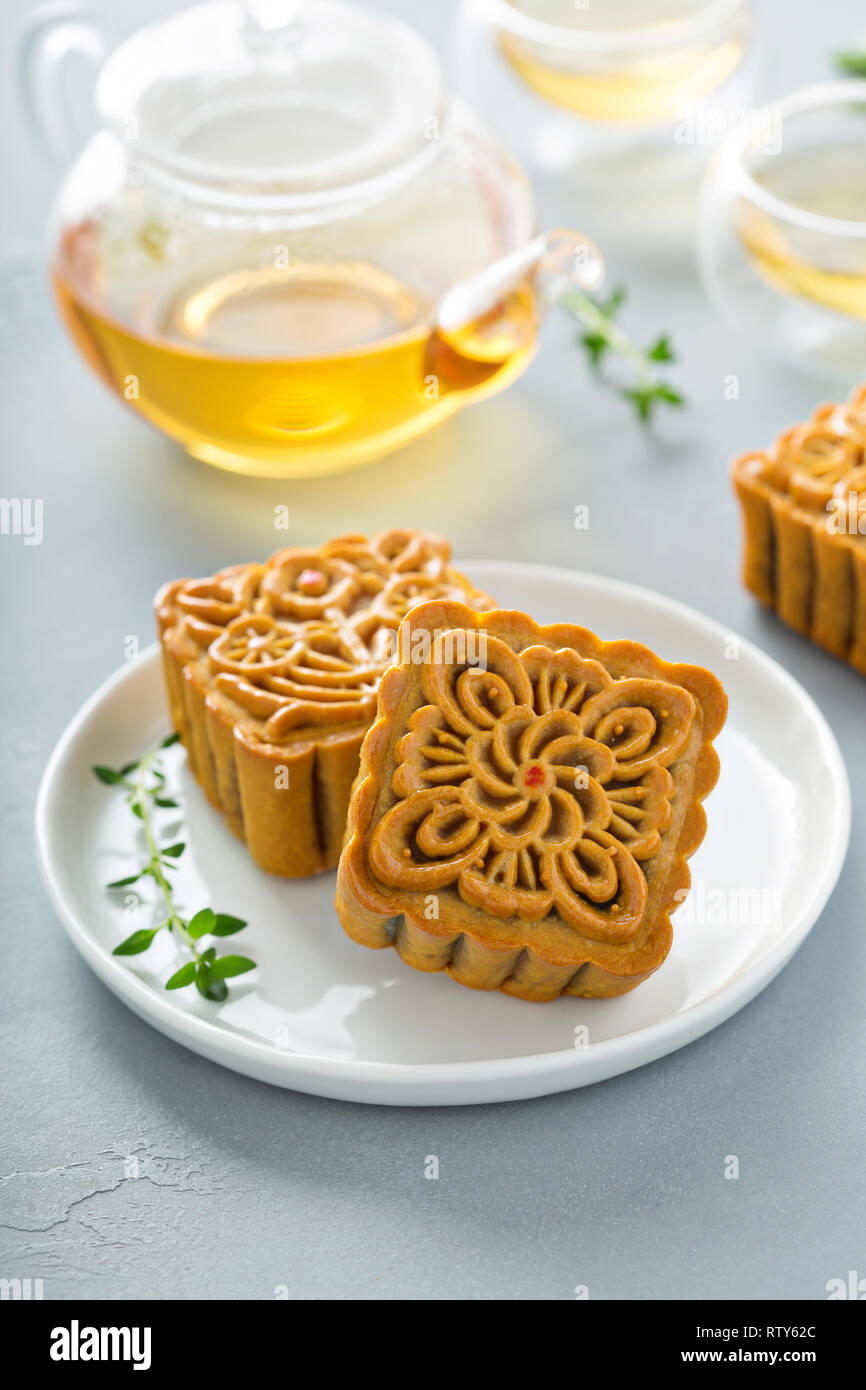 Traditional Chinese mooncakes for mid autumn festival with egg yolk and ...