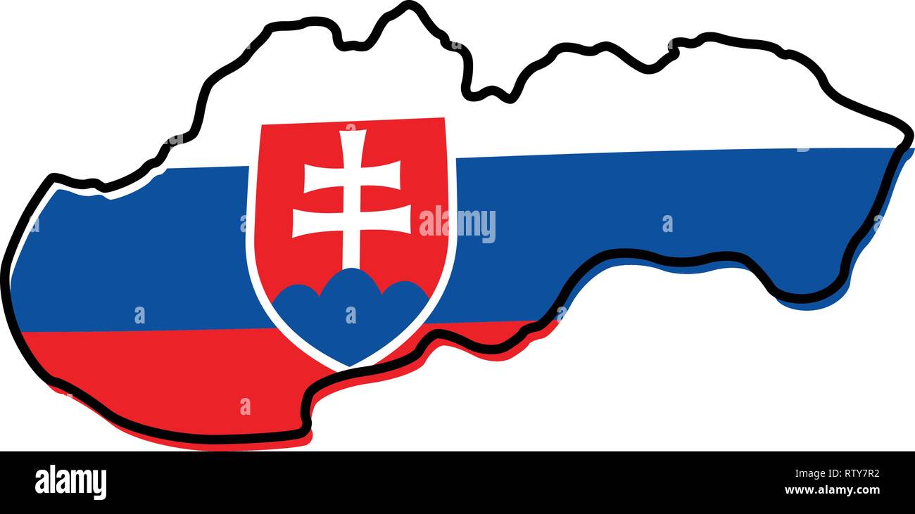 Simplified map of Slovakia outline, with slightly bent flag under it ...