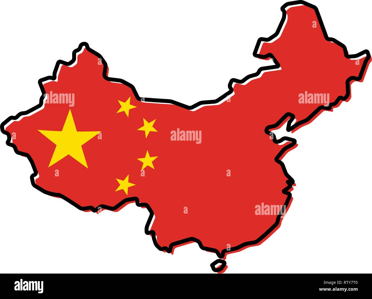 Simplified map of China outline, with slightly bent flag (yellow stars ...
