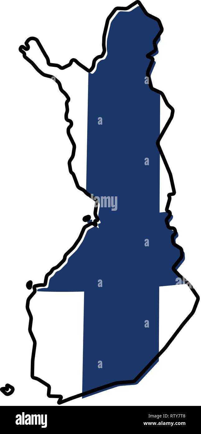 Simplified map of Finland outline, with slightly bent flag under it ...