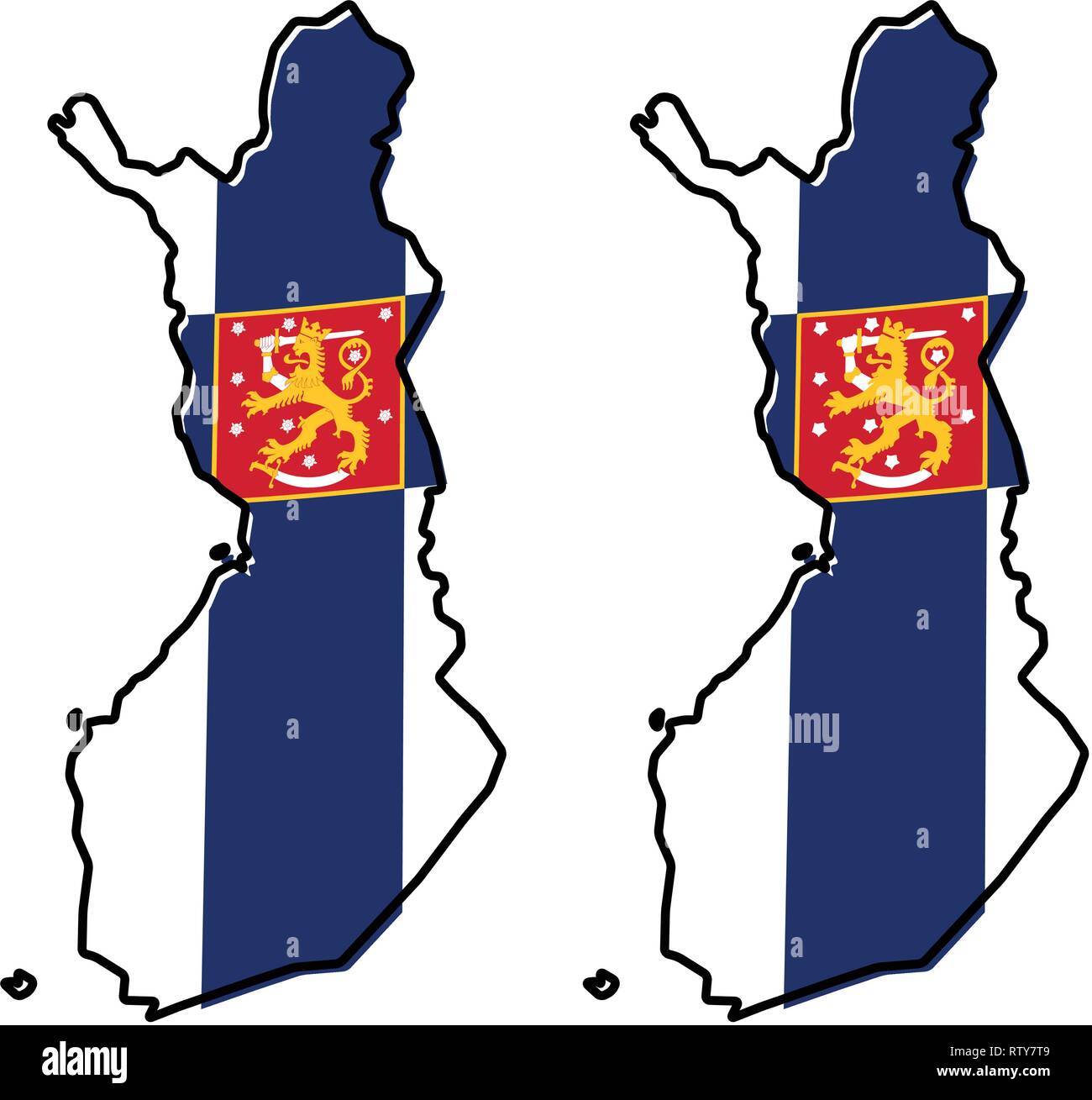 Simplified map of Finland outline, with slightly bent state flag under ...
