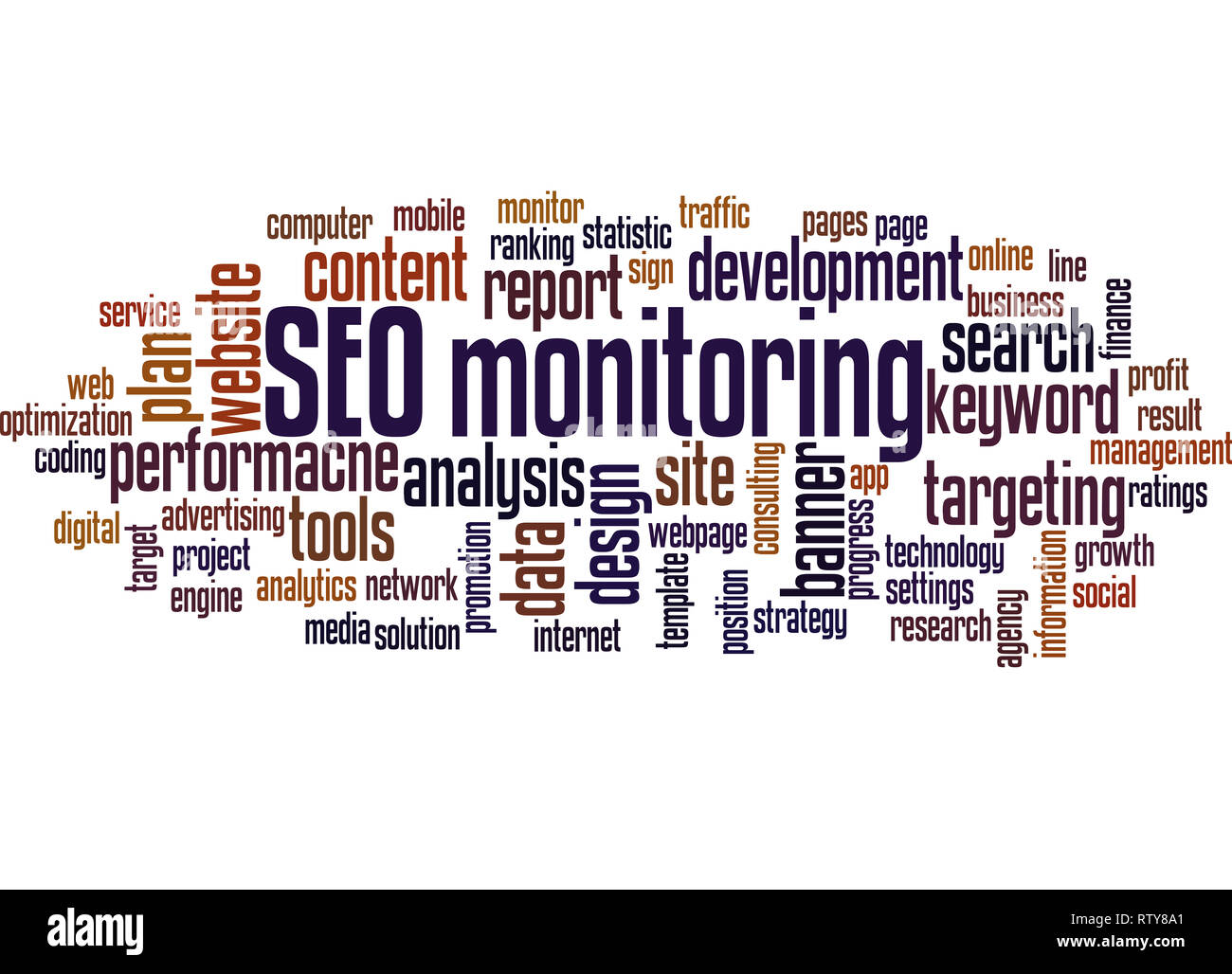 SEO monitoring word cloud concept on white background Stock Photo - Alamy