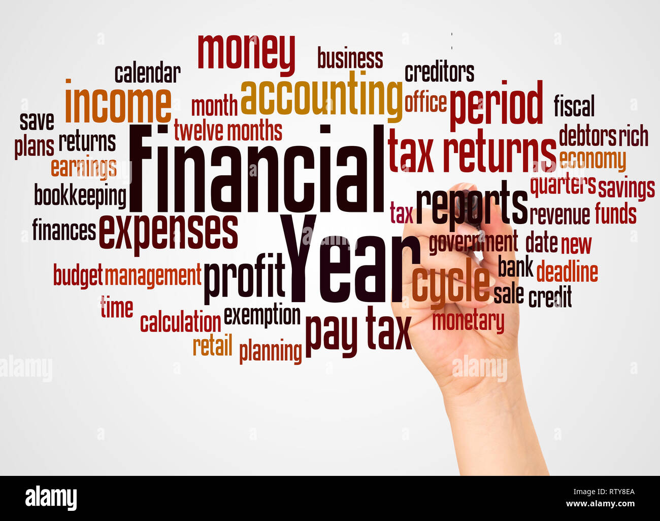 Financial year word cloud and hand with marker concept on white ...