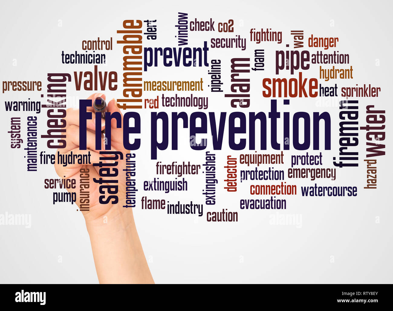 Fire prevention word cloud and hand with marker concept on white ...