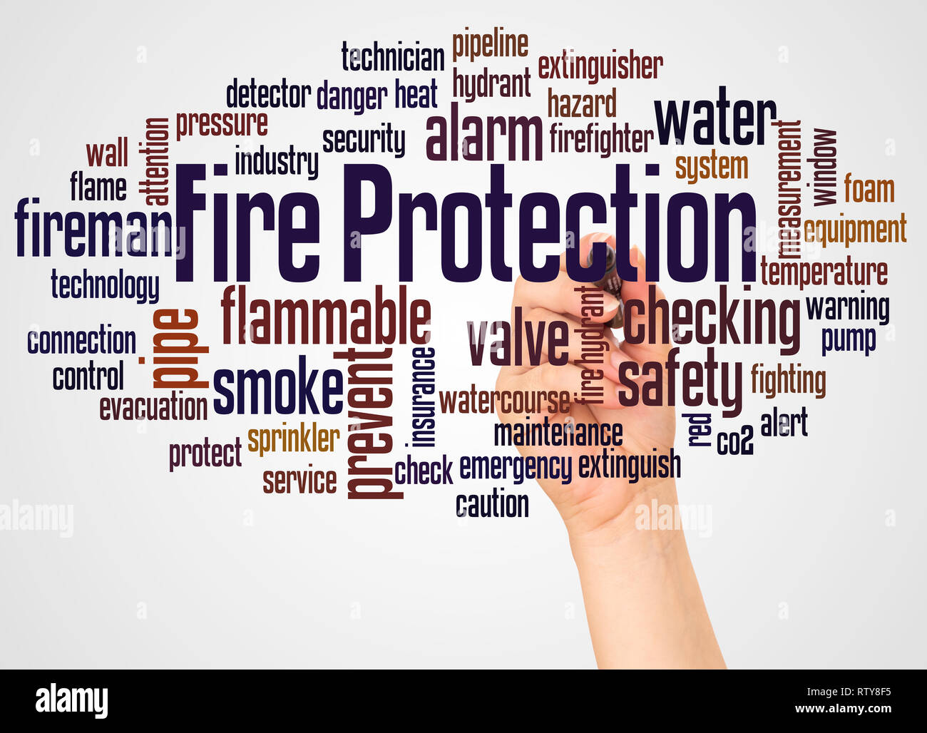 Fire protection word cloud and hand with marker concept on white ...