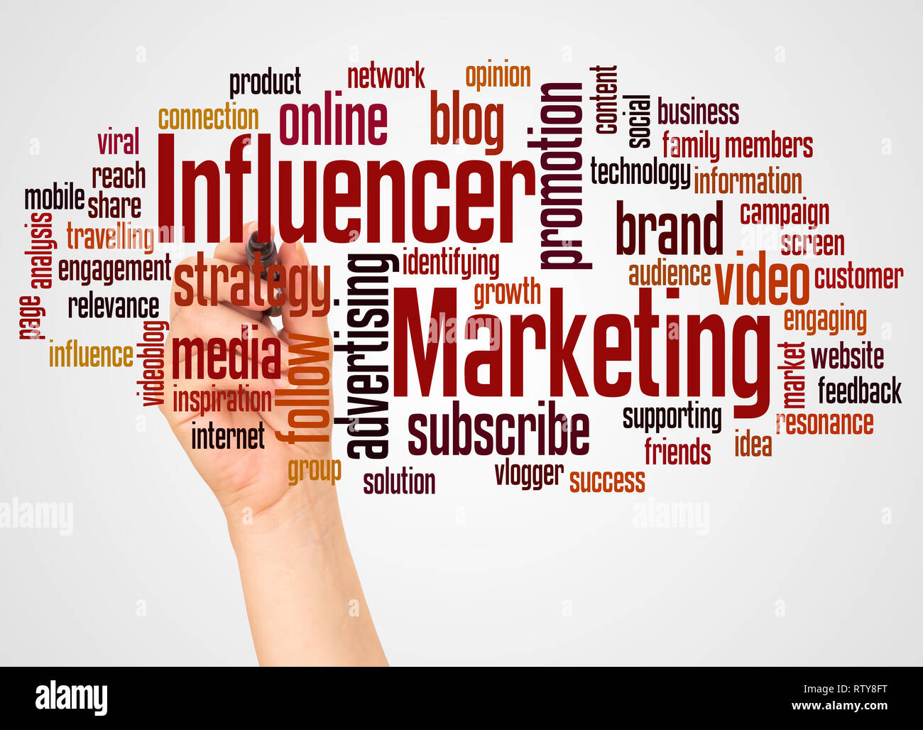Influencer marketing word cloud and hand with marker concept on white ...