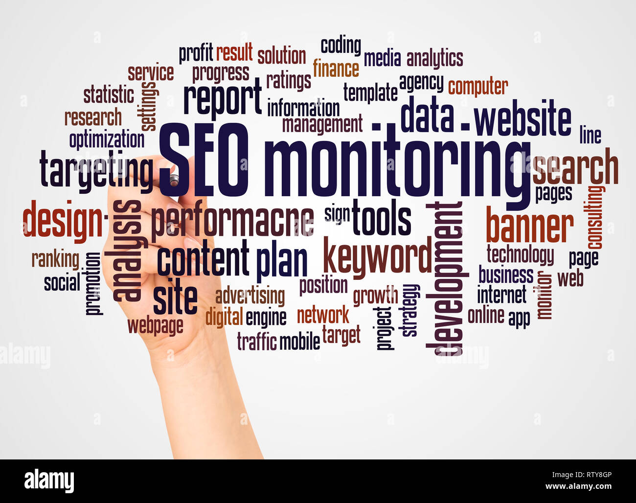 SEO monitoring word cloud and hand with marker concept on white ...