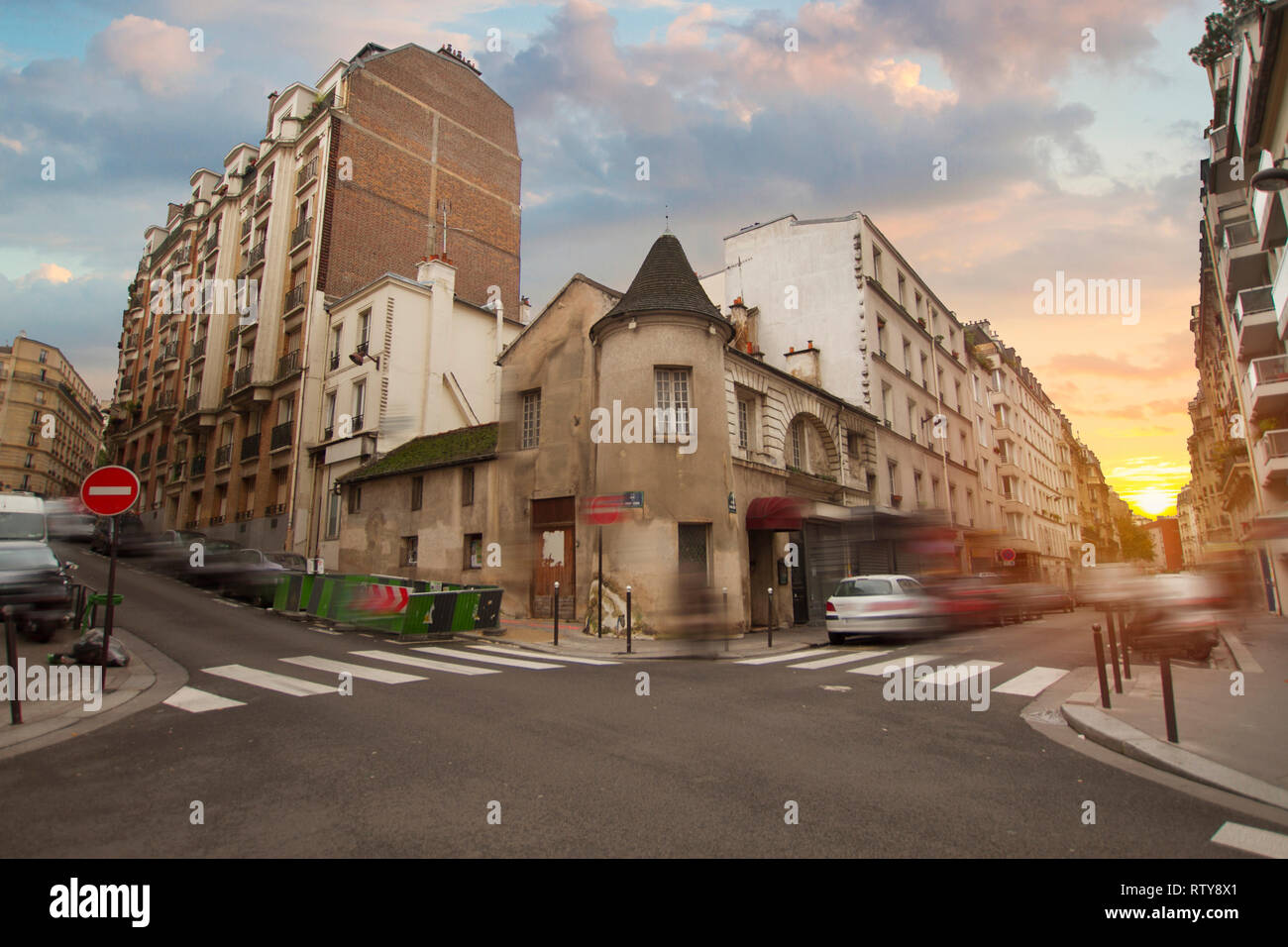 Montmartre, France. Street with houses. Sunset in Paris Stock Photo - Alamy
