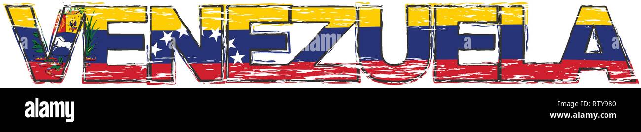 Word VENEZUELA with Venezuelan national flag under it, distressed ...