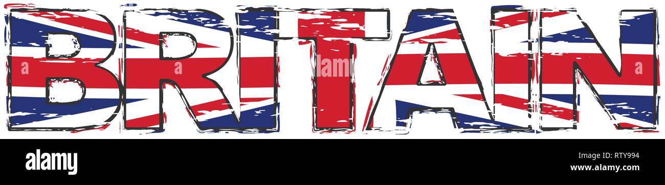 Word BRITAIN with British Union Jack flag under it, distressed grunge ...