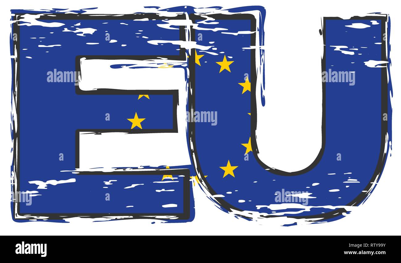 Word EU with European Union flag under it, distressed grunge look Stock ...