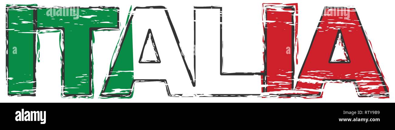 Word ITALIA (Italian translation of ITALY) with national flag under it, distressed grunge look ...
