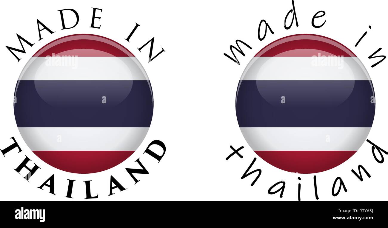 Simple Made in Thailand 3D button sign. Text around circle with Thai ...