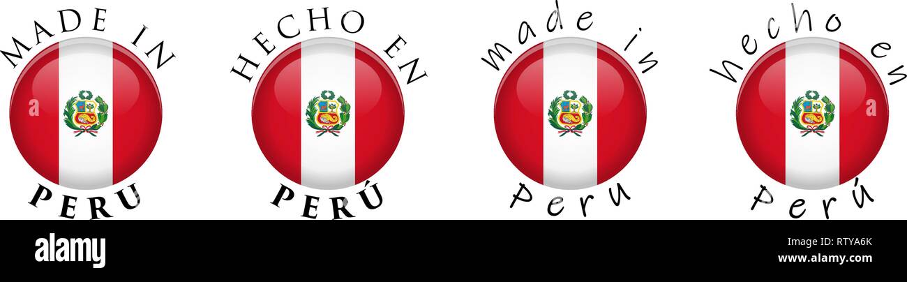 Simple Made in Peru/ Spanish translation 3D button sign. Text around ...