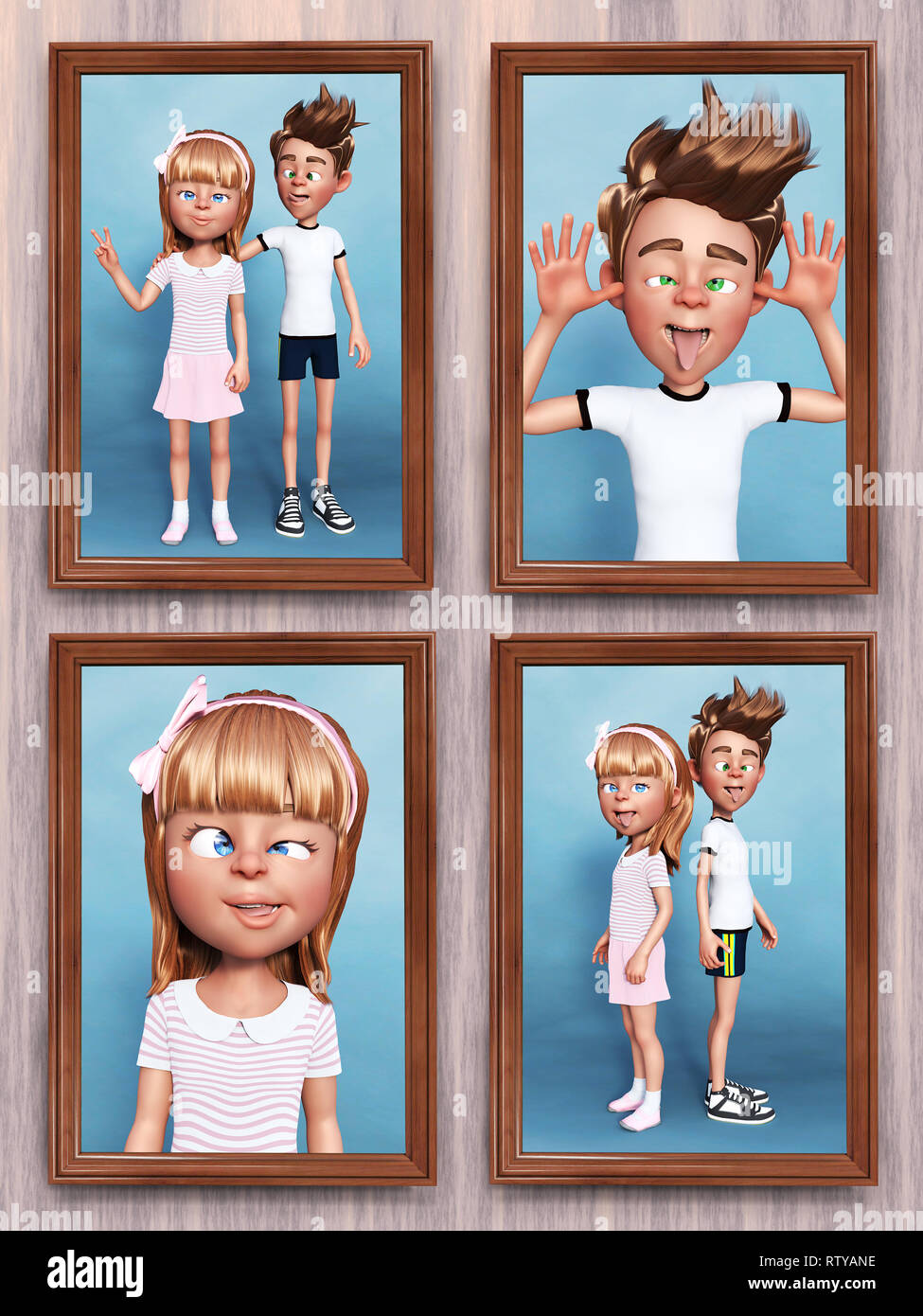 3D rendering of four framed cartoon family portraits of the siblings ...