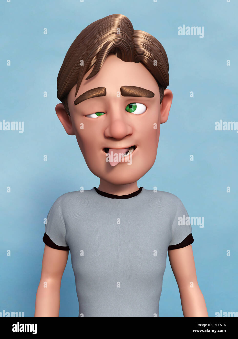 3D rendering of a cartoon dad or man doing a silly face, sticking his ...