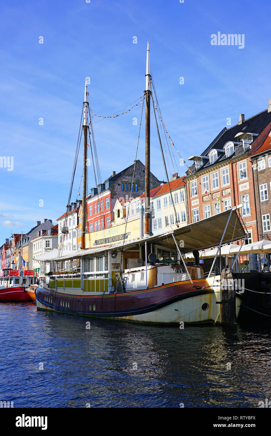 COPENHAGEN, DENMARK -24 SEP 2018- View of colorful buildings lining the ...