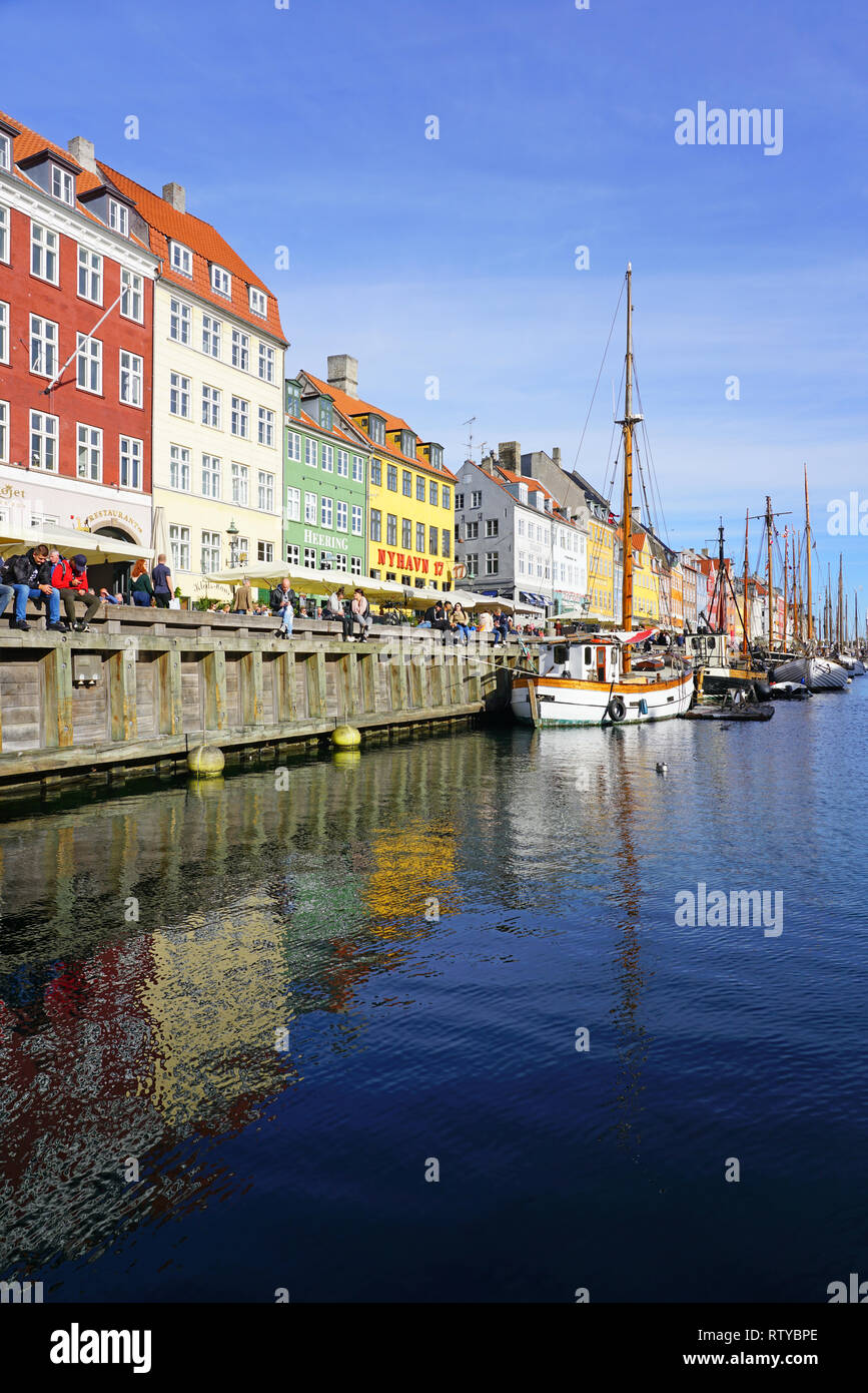 COPENHAGEN, DENMARK -24 SEP 2018- View of colorful buildings lining the ...