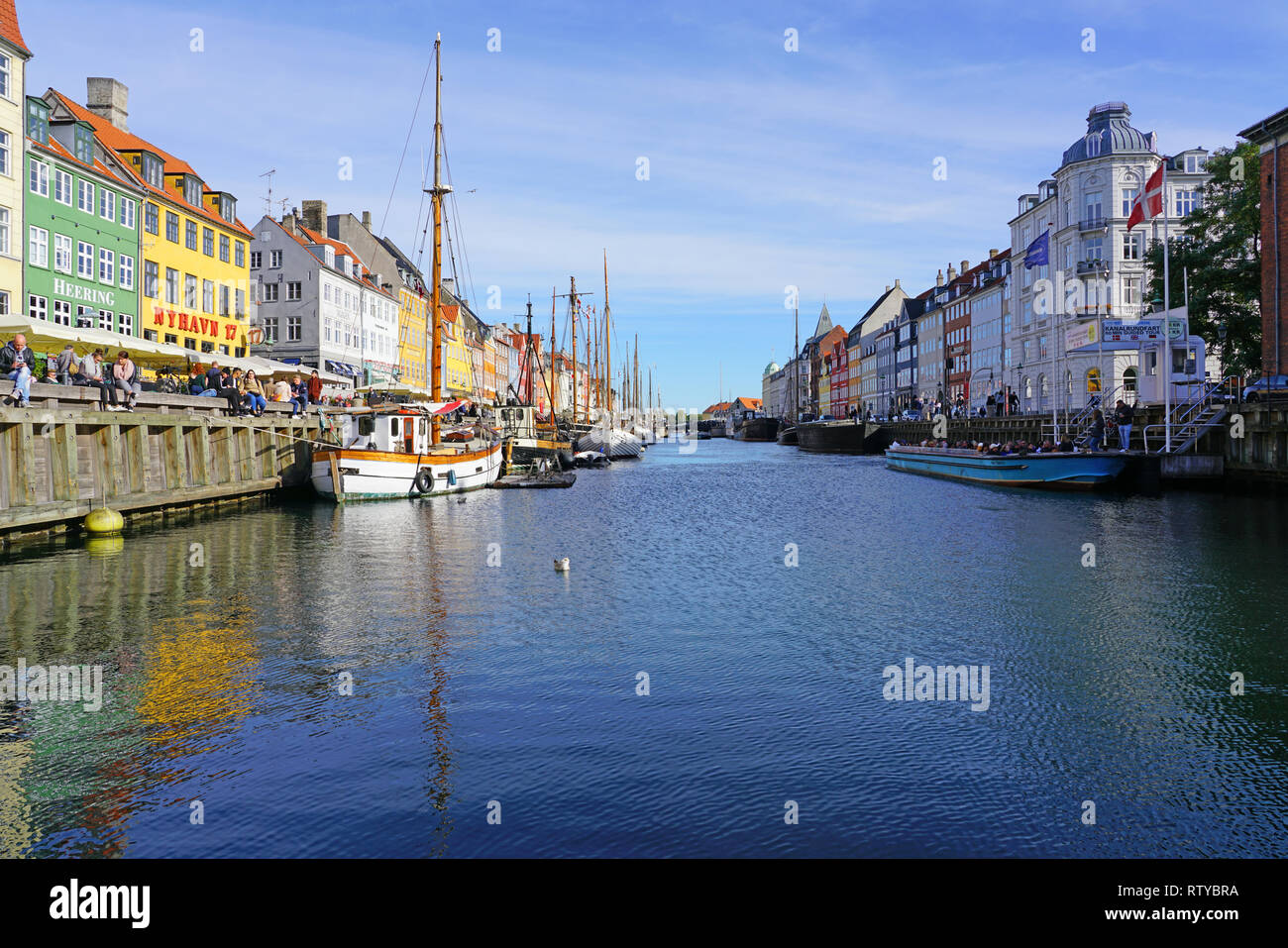 COPENHAGEN, DENMARK -24 SEP 2018- View of colorful buildings lining the ...