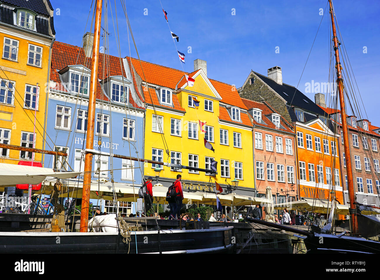COPENHAGEN, DENMARK -24 SEP 2018- View of colorful buildings lining the ...
