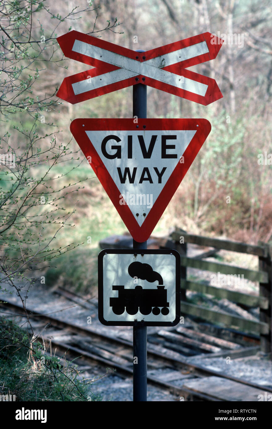 Warning steam train sign at Aberffrwd Stop level crossing on the Vale ...