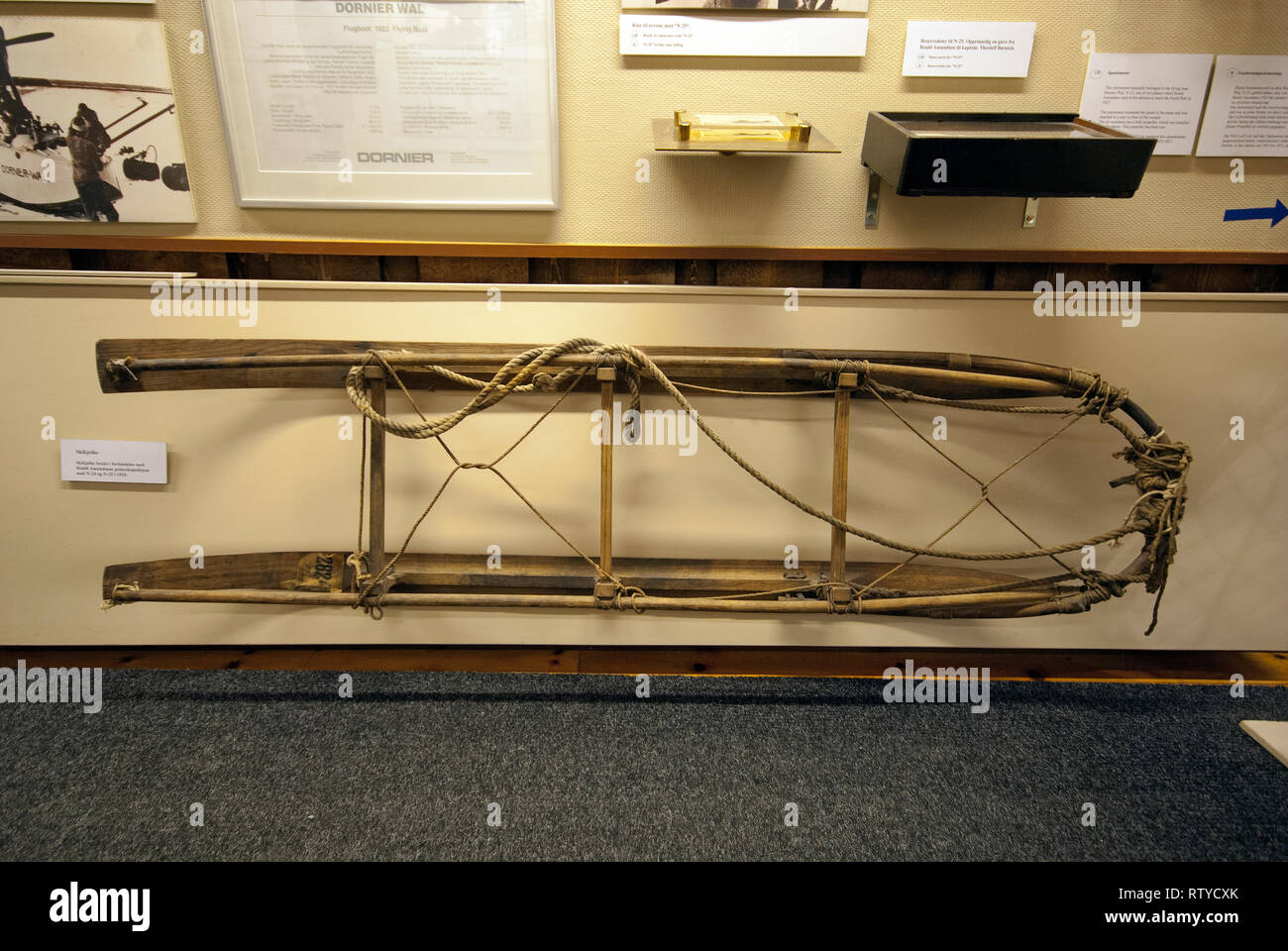 Wooden sled used by norwegian explorer Roald Amundsen (1872-1928 ...