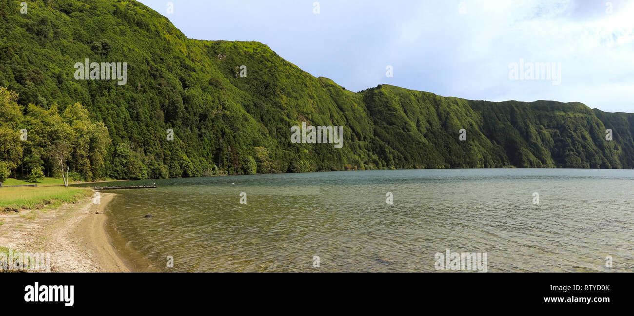 beautiful lagoon surrounded by mountains. Ancient volcano crater. Seven ...