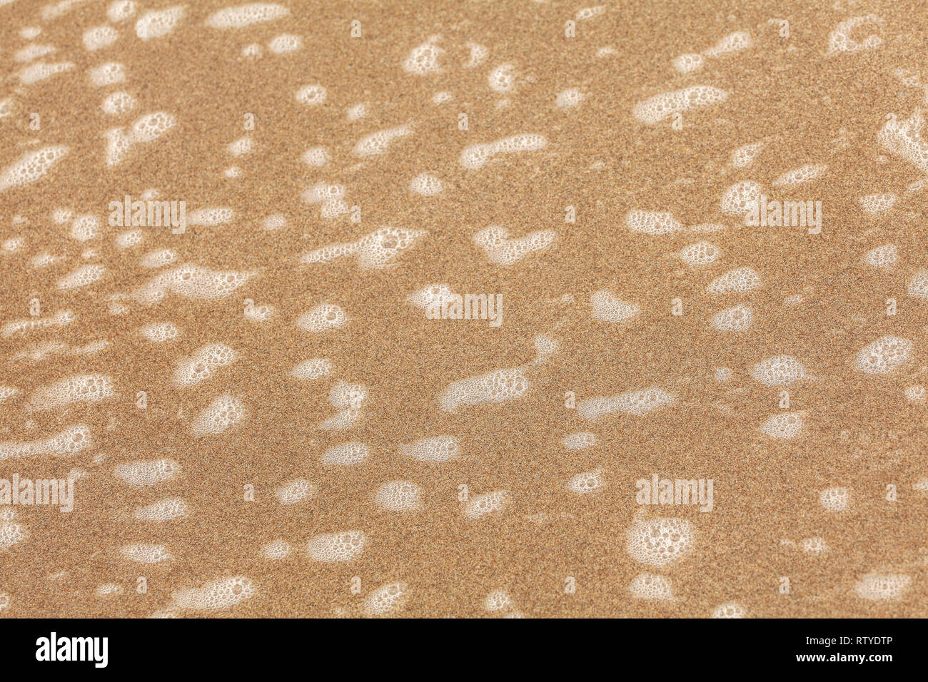 Small patches of white foam on beach sand wet from ocean water ...