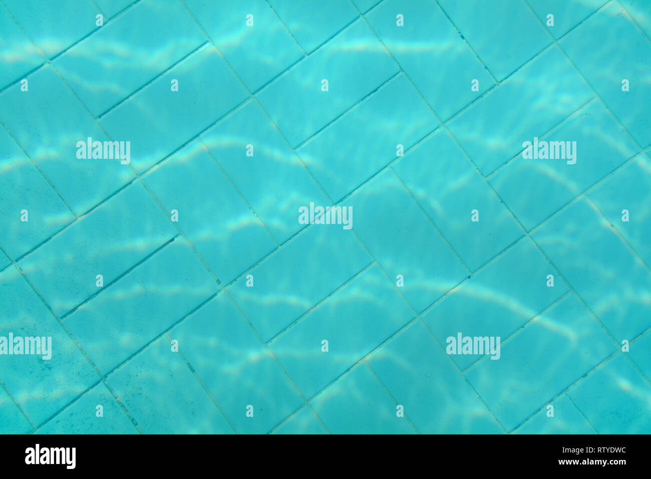 Underwater photo - old swimming pool bottom. Blue tiles pattern visible ...