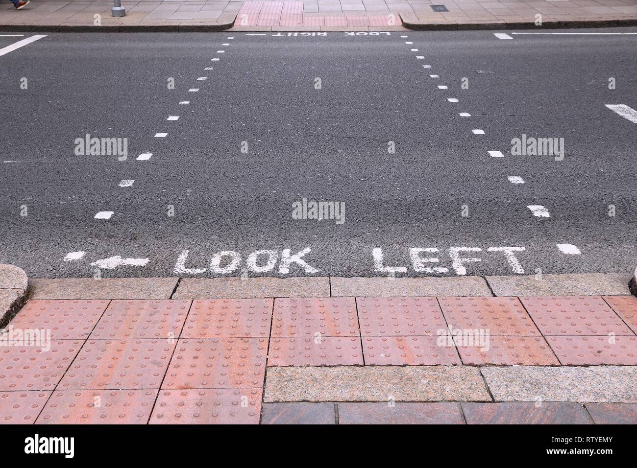 London pedestrian signs - look left and look right. Traffic warning ...