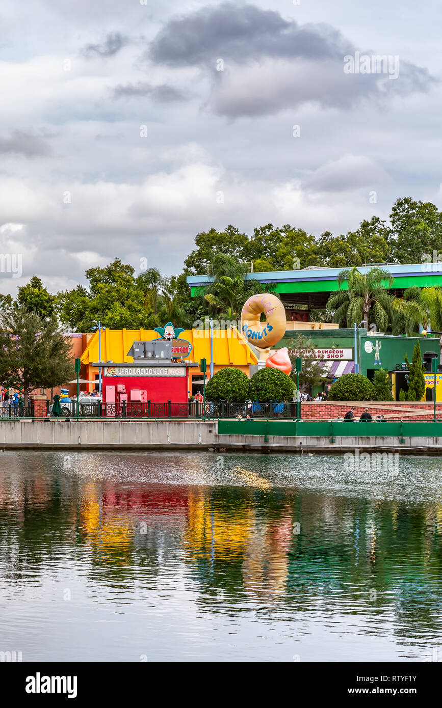 ORLANDO, FLORIDA, USA - DECEMBER, 2018: Lake with Simpsons Area at the ...