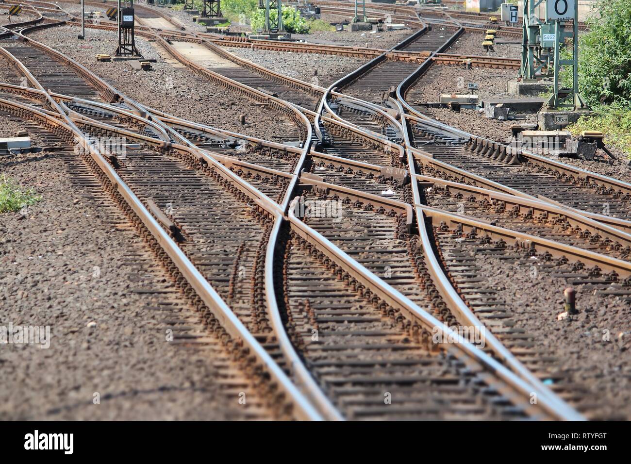 Railroad turnout point in Dusseldorf, Germany. Railway transportation ...