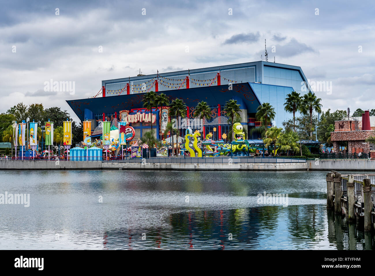 ORLANDO, FLORIDA, USA - DECEMBER, 2018: Lake with Krustyland Simpsons ...