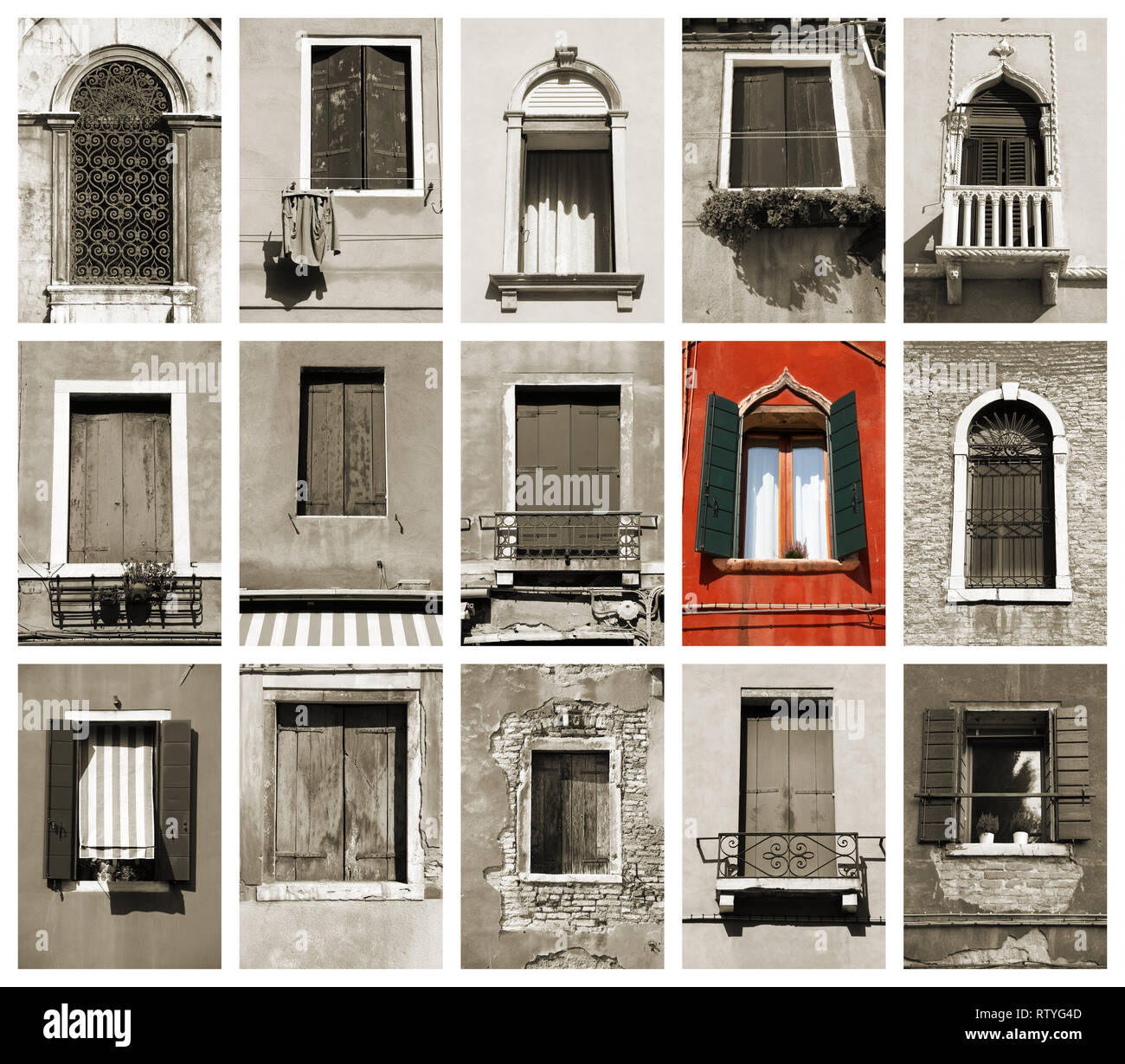 Windows of Venice, Italy. Old architecture. One prominent red window ...