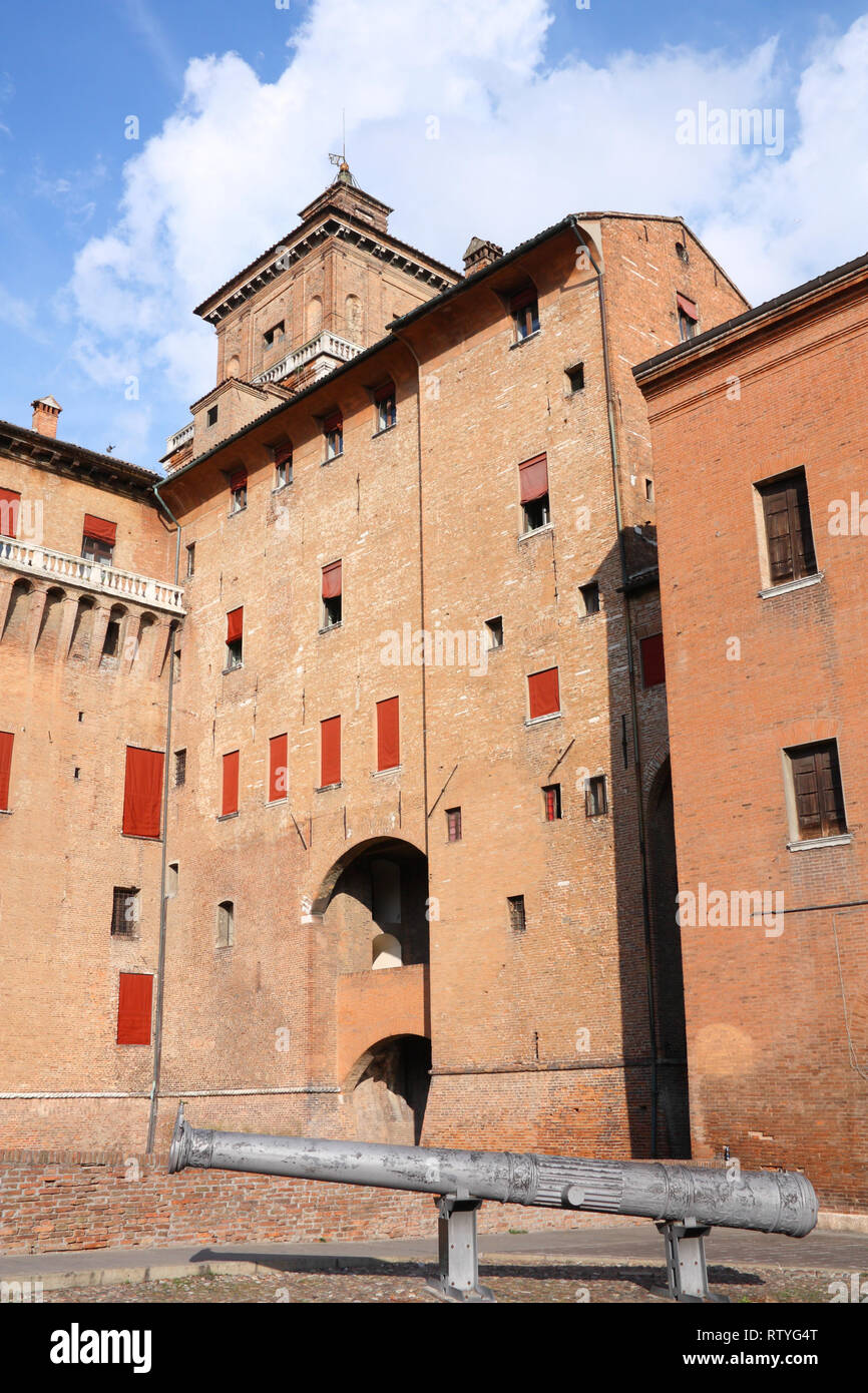 Medieval castle in Ferrara, Italy. Castello Estense. Brick architecture ...