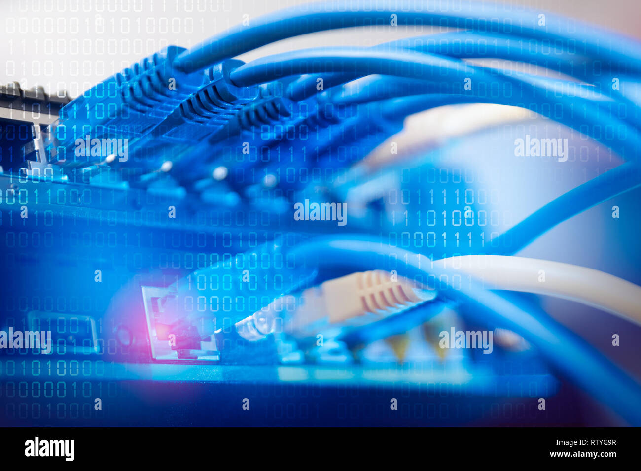 Network infrastructure, switch or router socket, cable connections. Ethernet, wired transmission ...