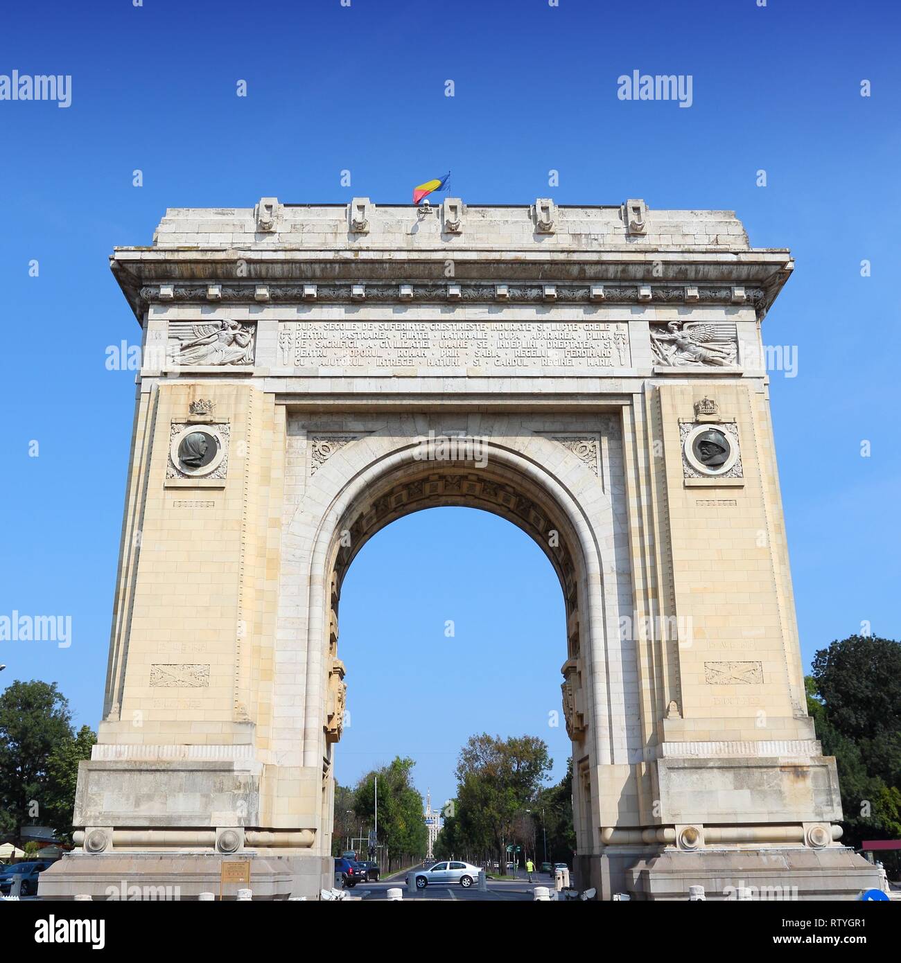 Bucharest, capital city of Romania. Arcul de Triumf - famous triumphal ...