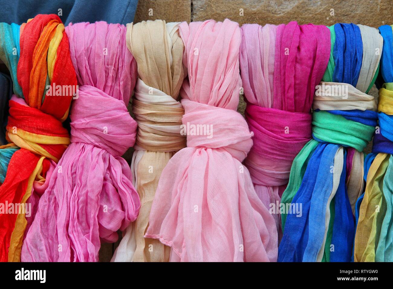 Colorful scarves at a market in Bulgaria. Colors of textiles Stock ...