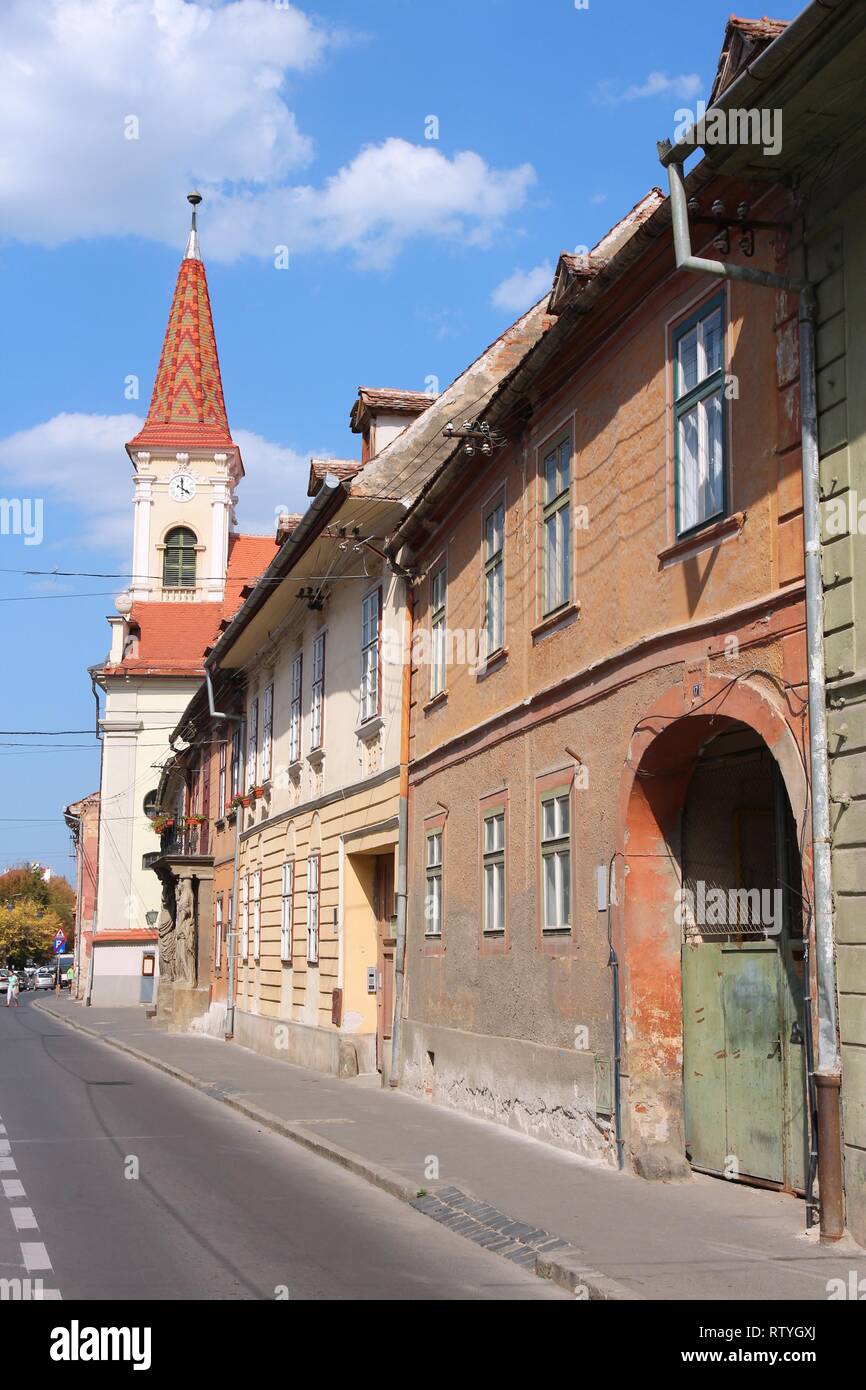 Sibiu, town in Transylvania, Romania. Street view with old architecture ...