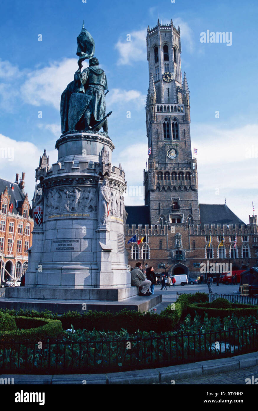 Statue of Breydel and De Cominick,belfry background,Brugge,Belgium ...