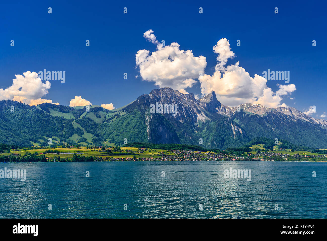 Clear transparent azure Lake Thun, Thunersee, Bern Switzerland Stock ...