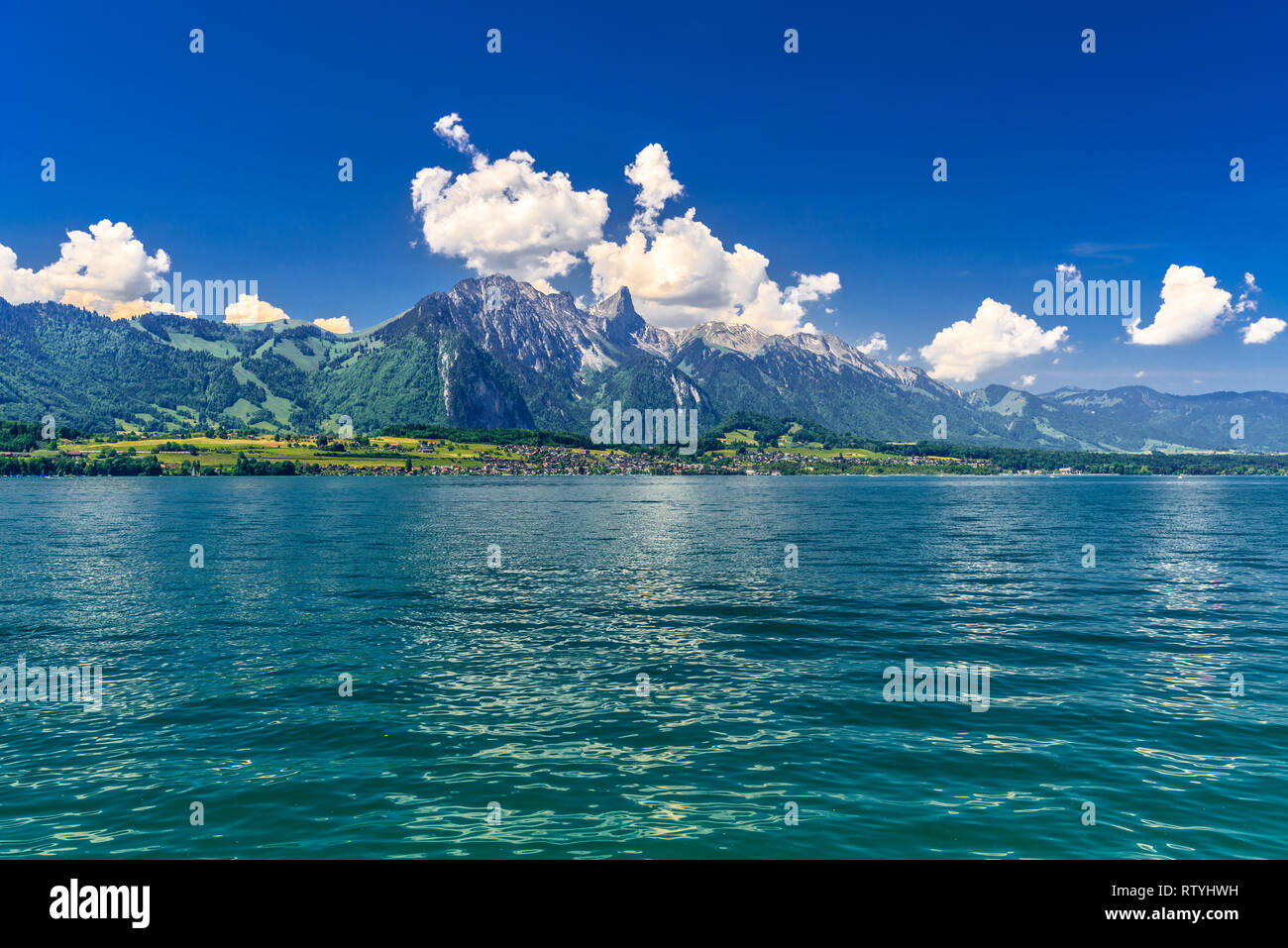 Clear transparent azure Lake Thun, Thunersee, Bern Switzerland Stock ...