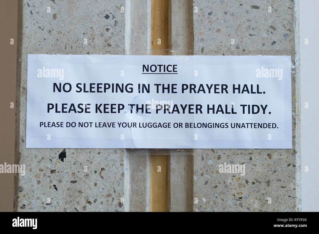 London, UK. 3 March 2019. A sign affixed to the wall of the prayer hall ...