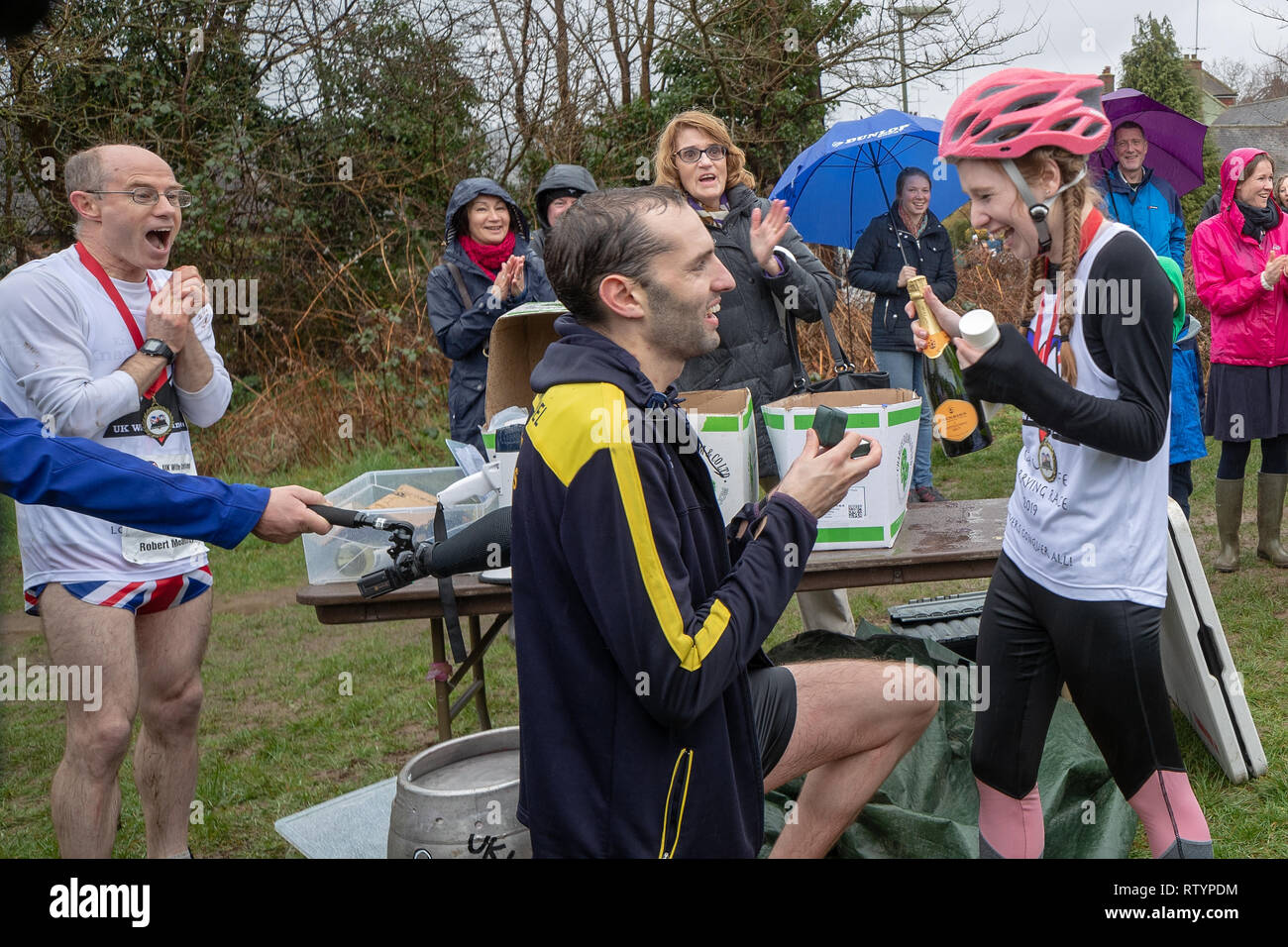 Dorking, UK, 3rd March 2019, Winners Chris Hepworth proposes to Tanisha ...