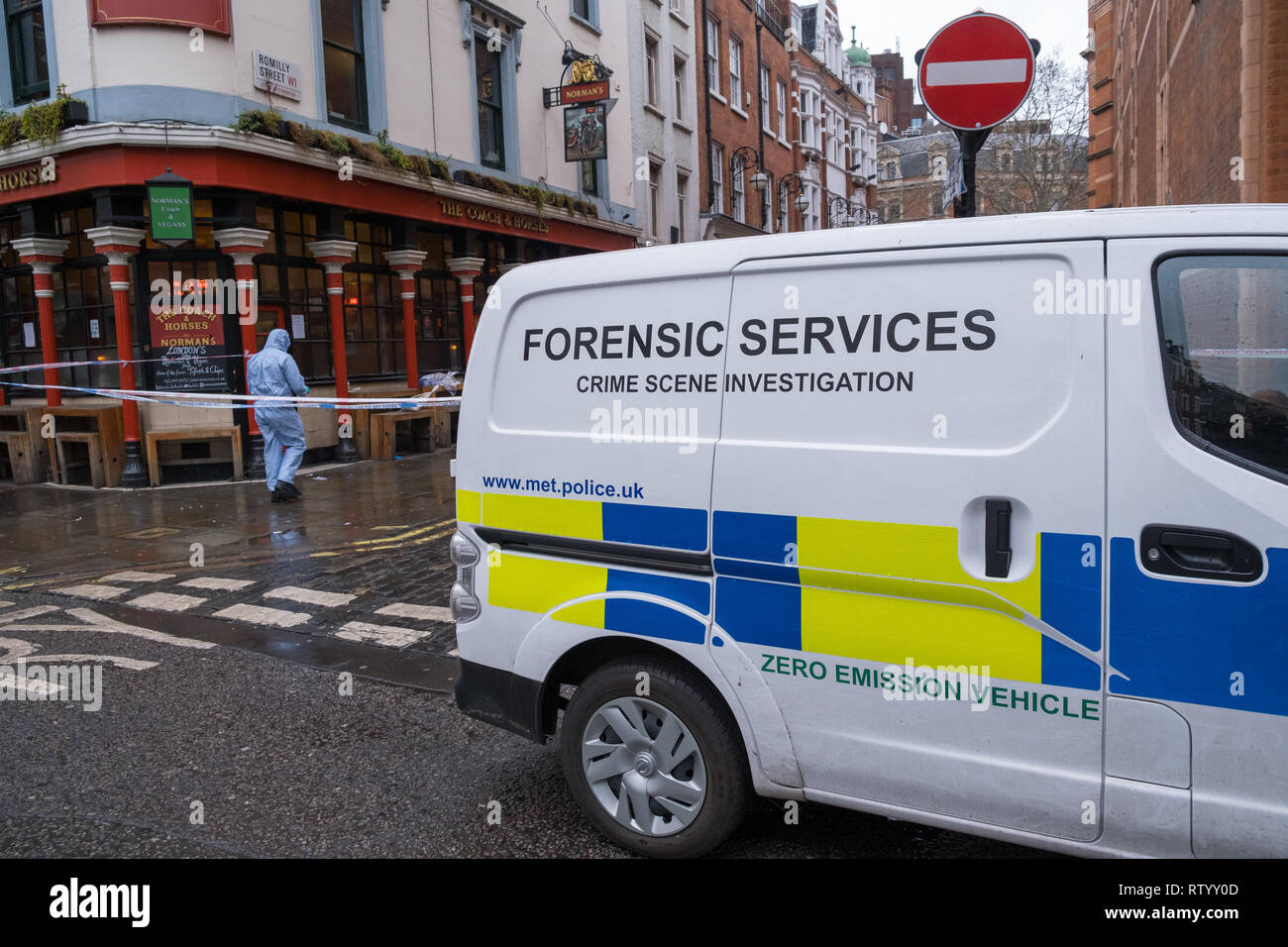 Soho, London, UK - March 3, 2019: A forensic services van at the crime ...