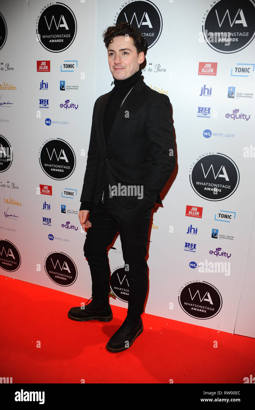 London, UK. 3rd Mar, 2019. Drew McOnie seen on the red carpet during ...